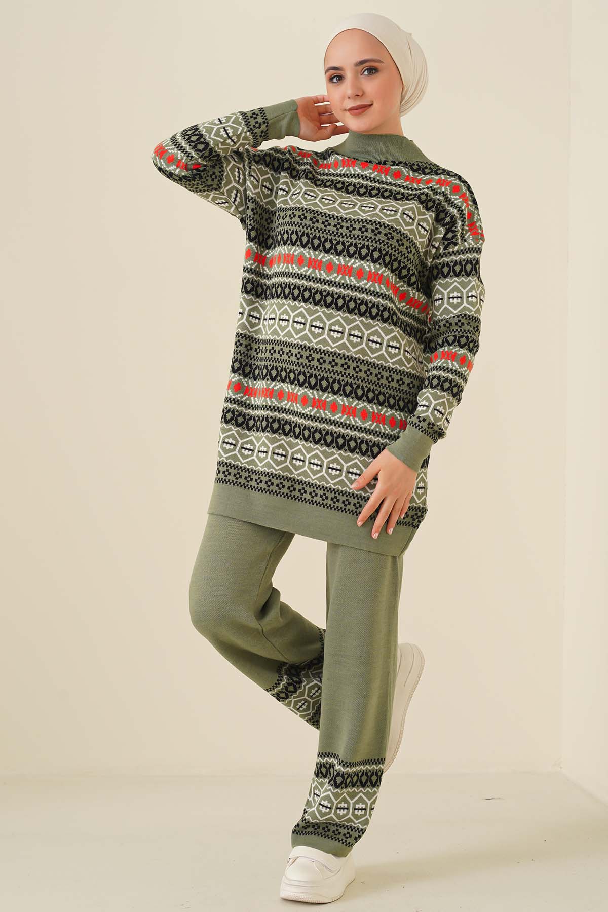 Costume Double Maille à Motifs Ethnique Vert