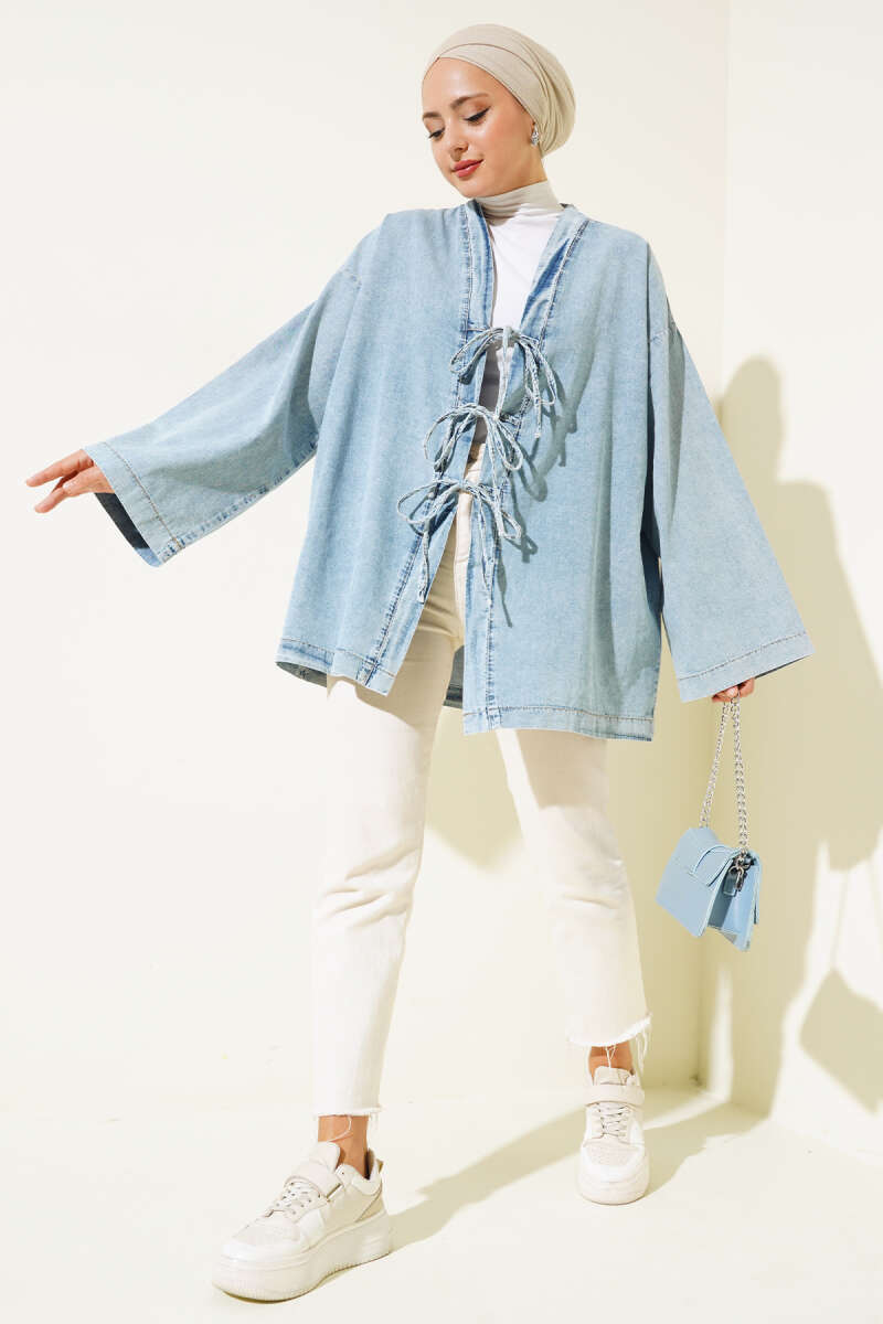 Denim Kimono with Rope Front Tie Ice Blue