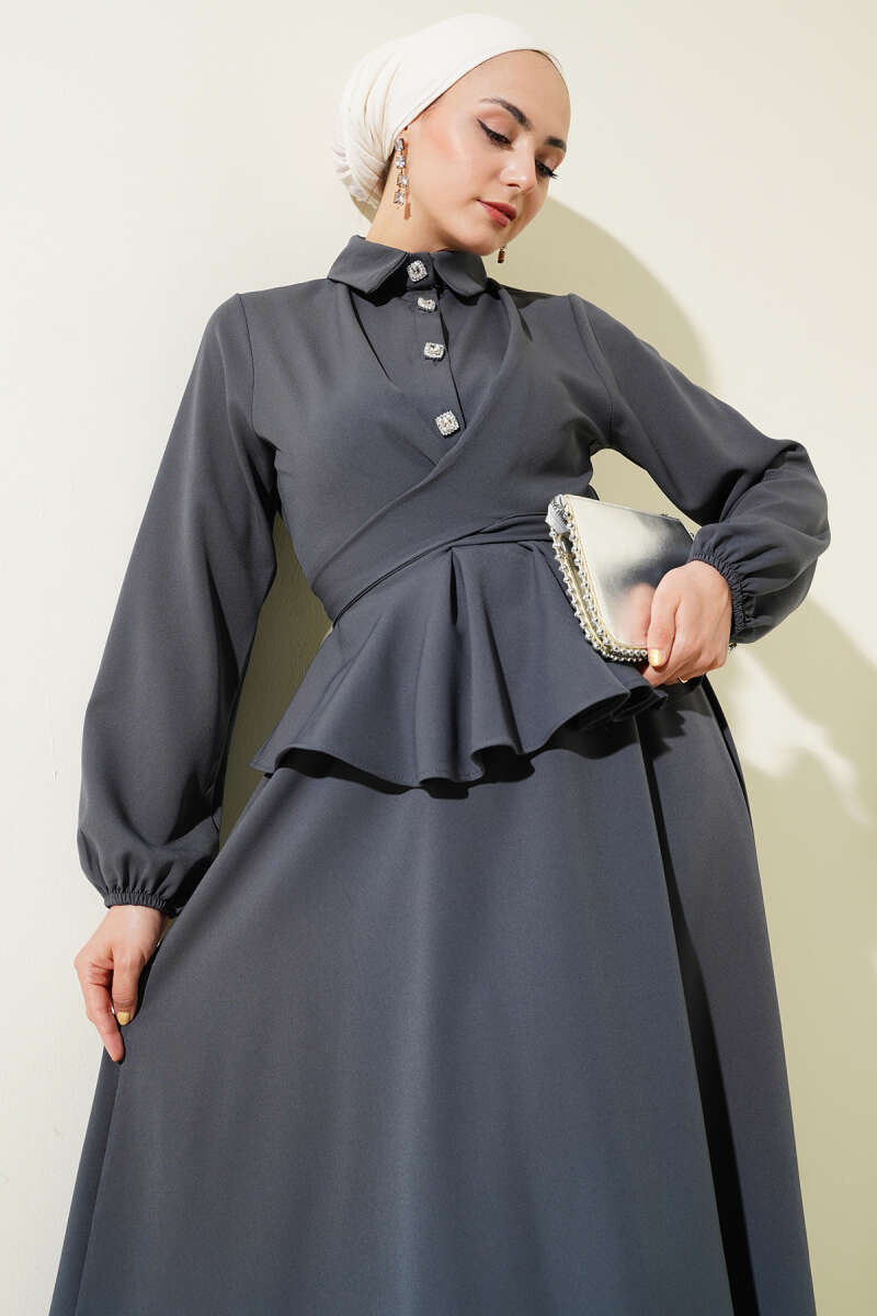 Stone Buttoned Tied Skirt Suit Smoke